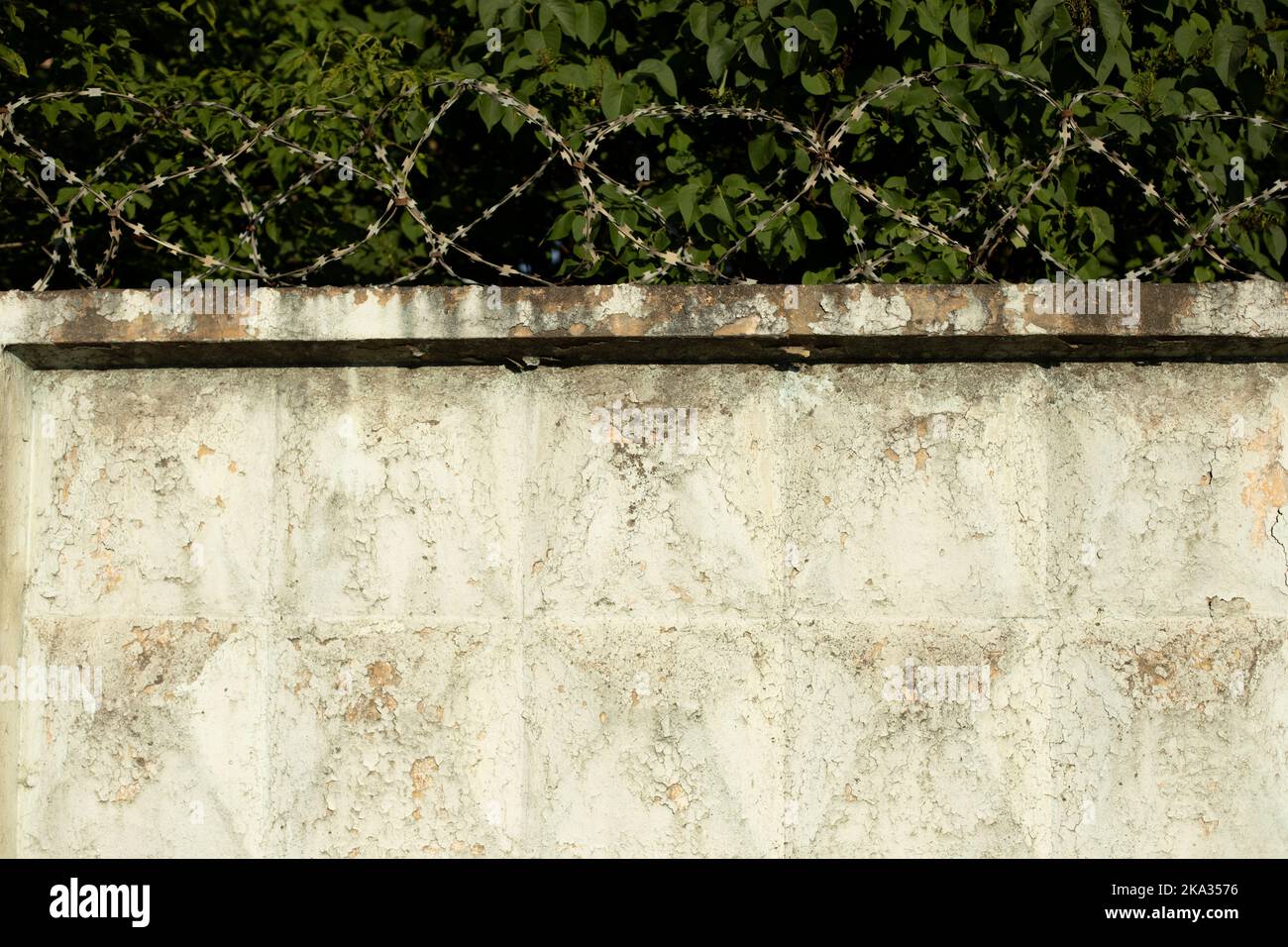 Barbed wire on fence. Old fence. White concrete slab. Private territory ...