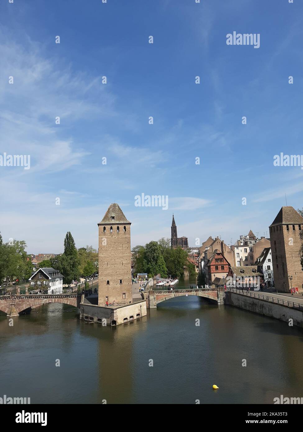 A vertical view of two towers of Ponts Couverts with the medieval ...