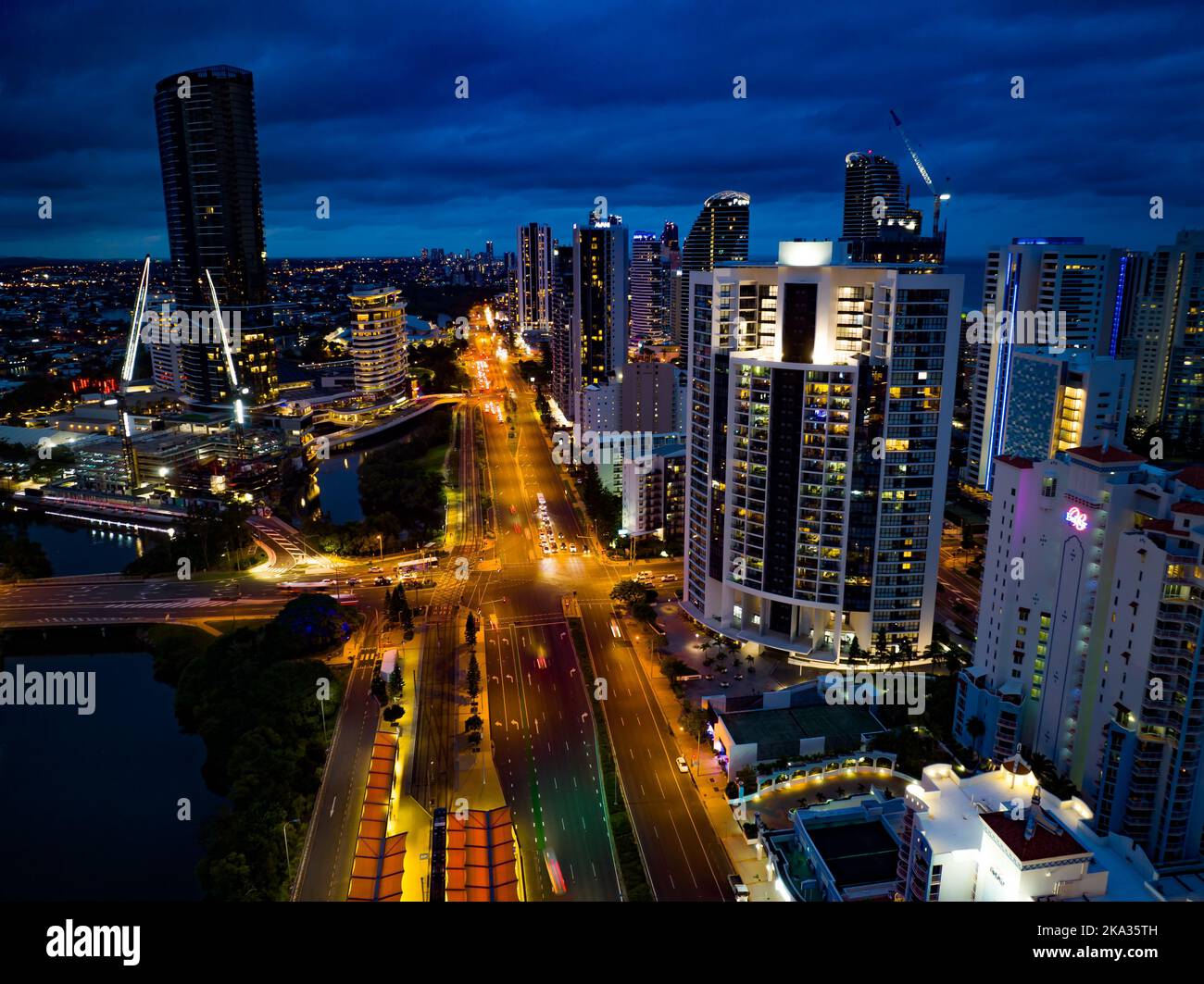 A bird's eye view of the cityscape of Broadbeach illuminated by ...