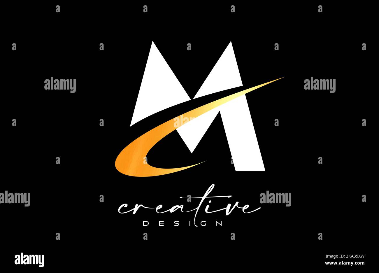 M Letter Logo Design with Creative Golden Swoosh. Letter m Initial icon ...
