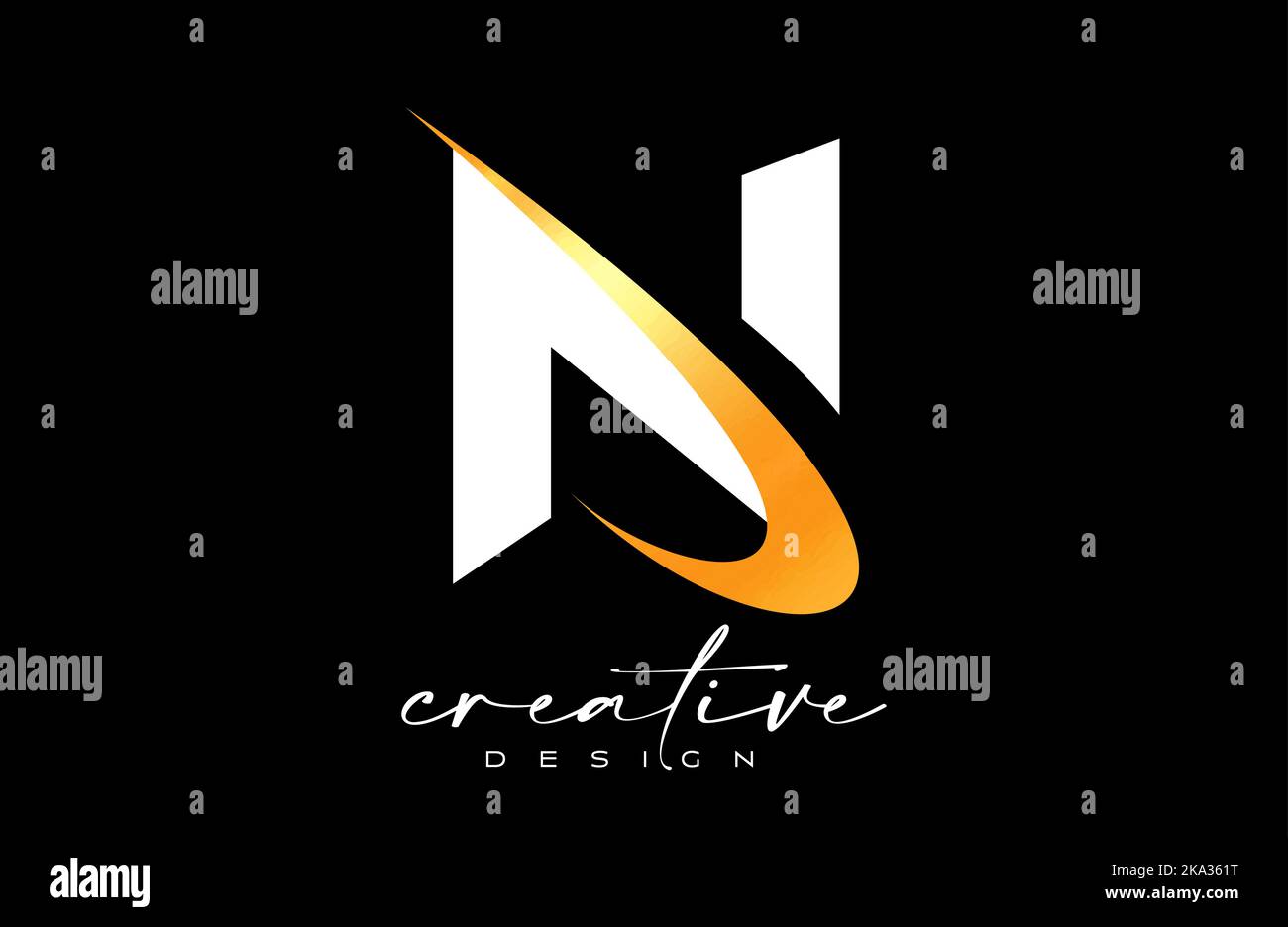 N Letter Logo Design with Creative Golden Swoosh. Letter n Initial icon ...