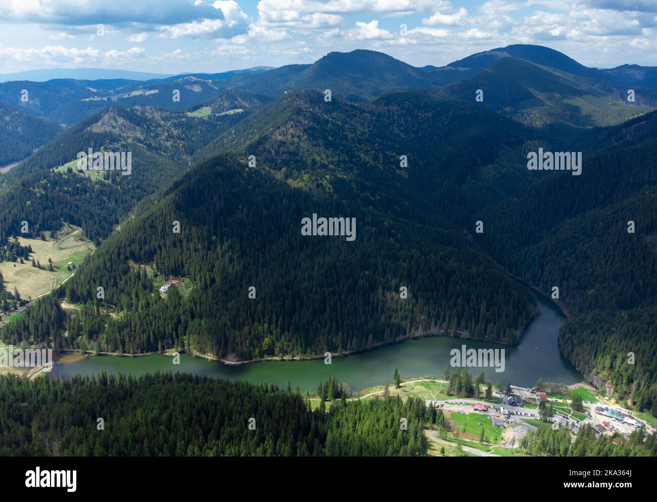 An aerial view of Rosu Lake - Romania, drone view, summer Stock Photo ...