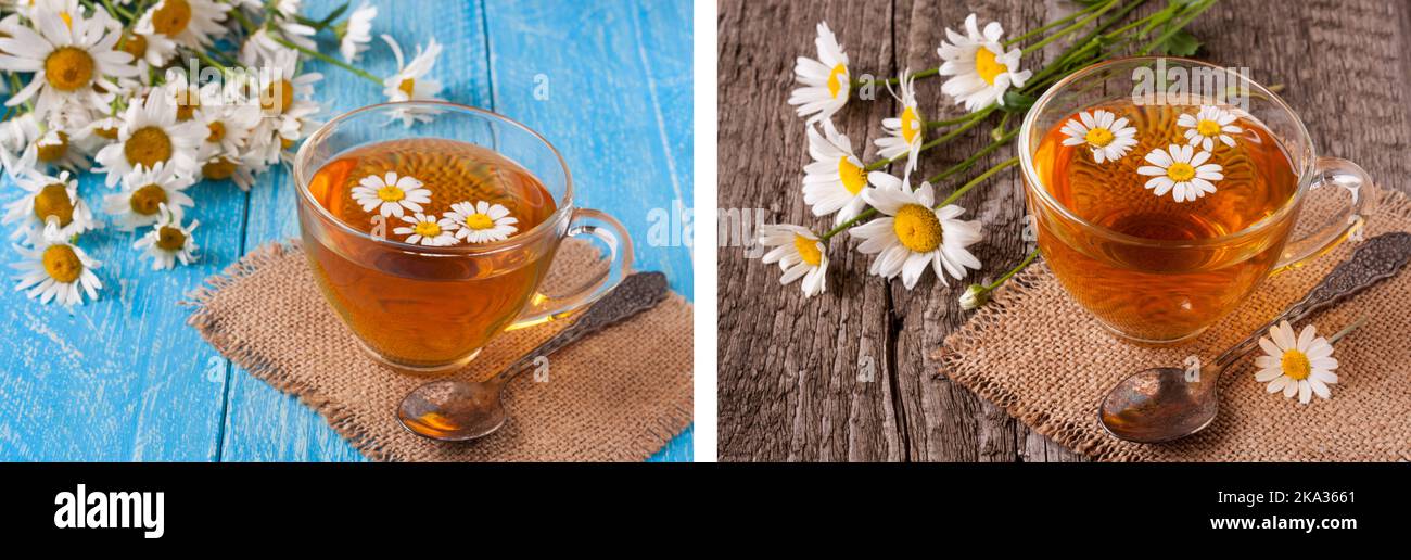 Herbal tea with fresh chamomile flowers on old wooden background Stock ...