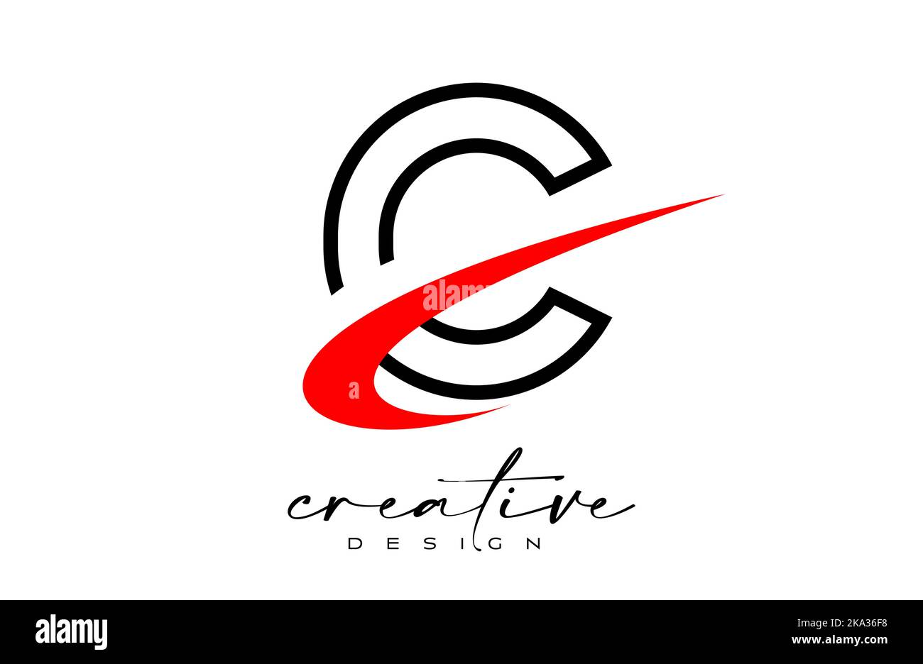 Outline C Letter Logo Design with Creative Red Swoosh. Letter c Initial ...