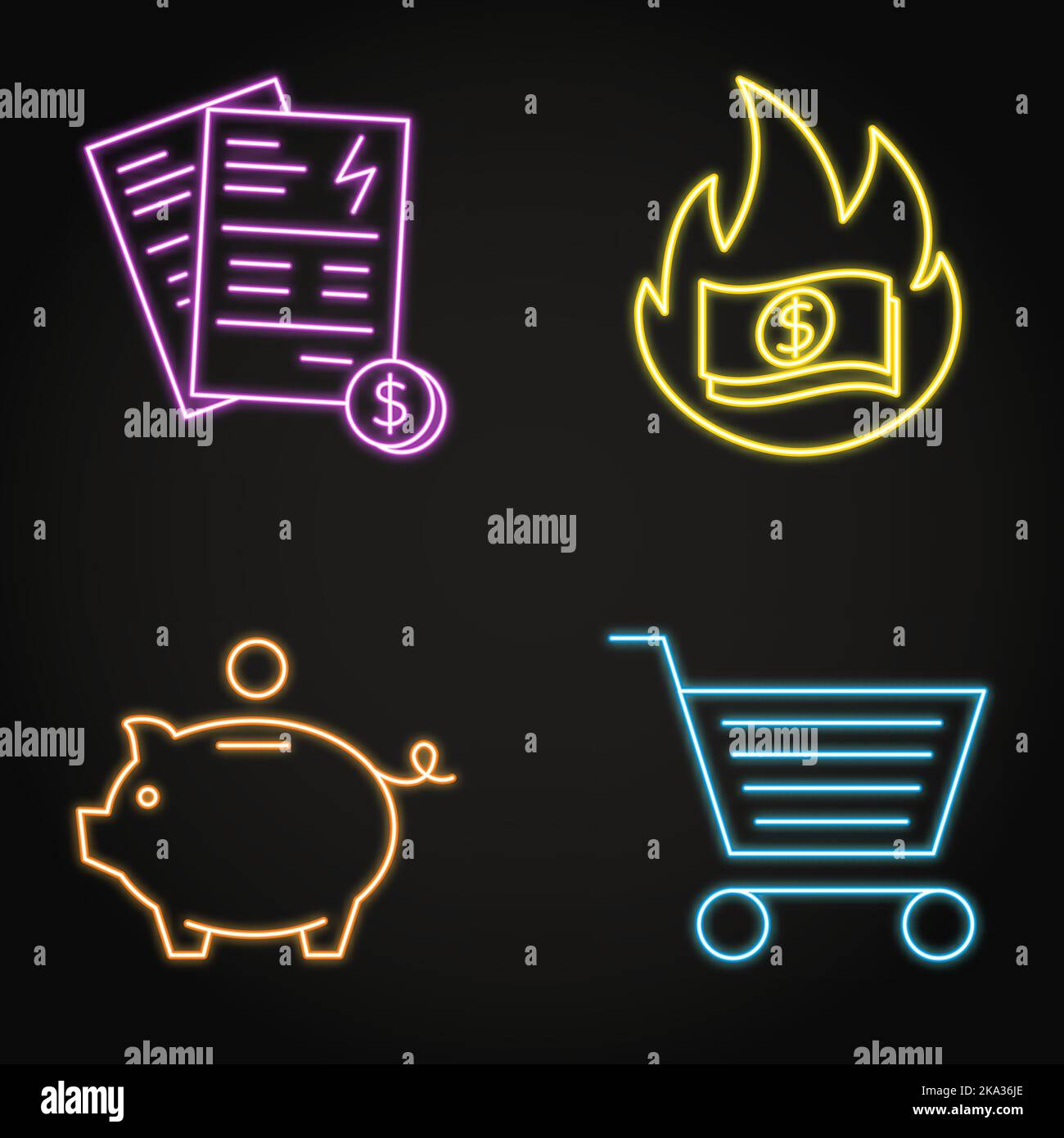 Inflation and consumption neon icon set in line style. Energy bills ...