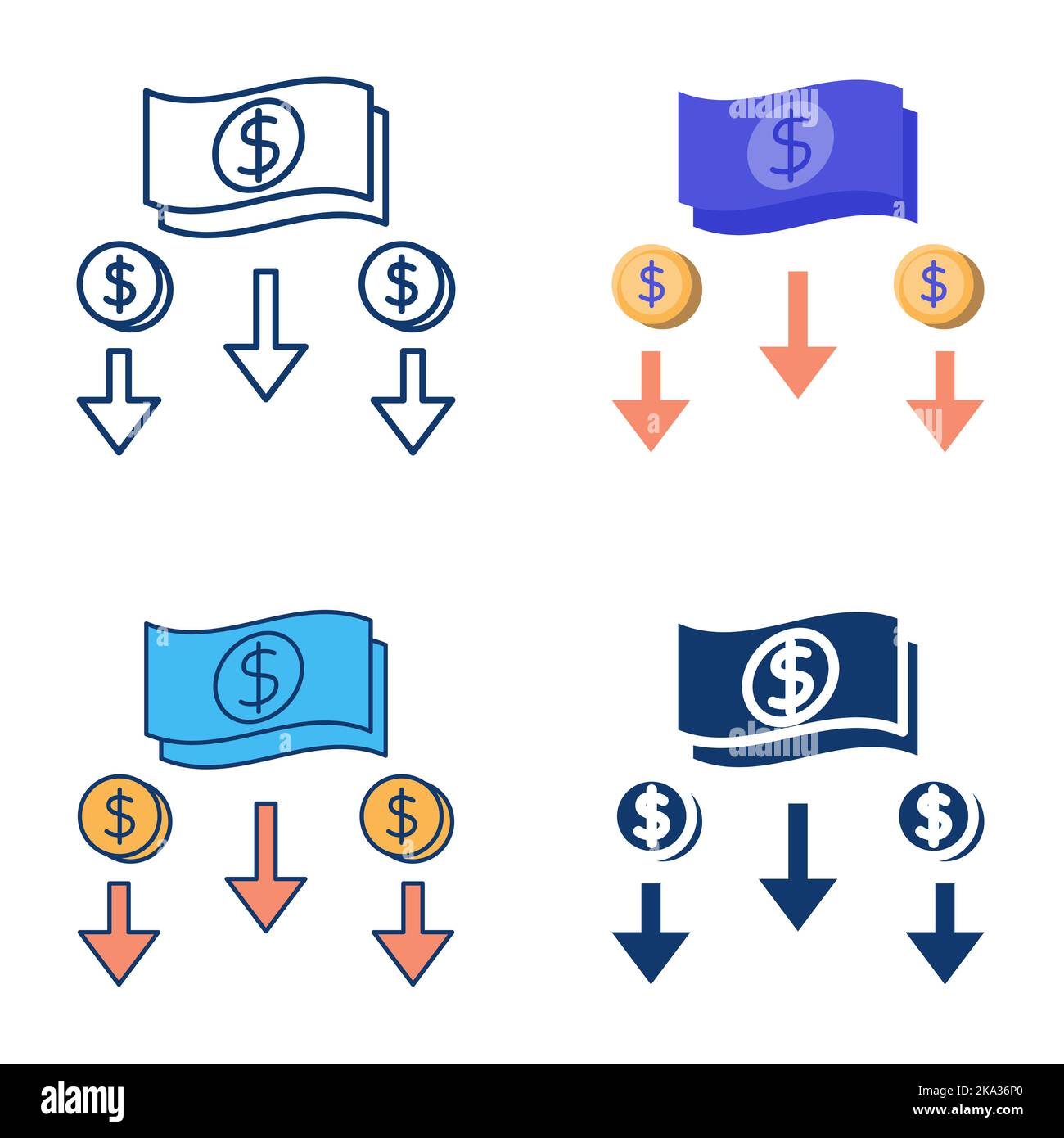 Deflation icon set in flat and line style. Recession downfall, economic crisis. Dollar bills and ...