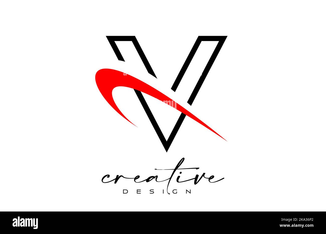 Outline V Letter Logo Design with Creative Red Swoosh. Letter v Initial ...