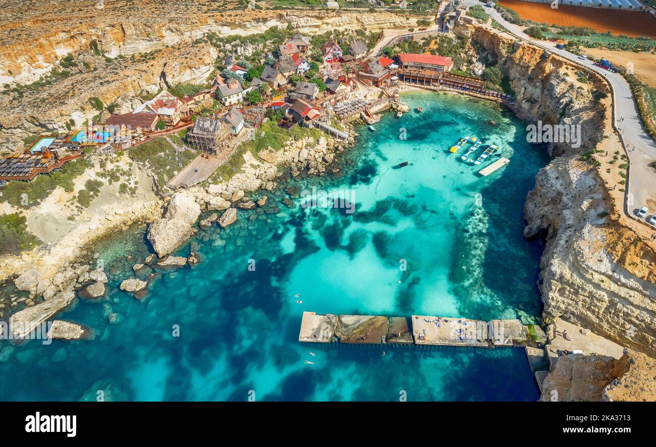 Landscape with Anchor Bay and Popeye Village, Malta Stock Photo - Alamy