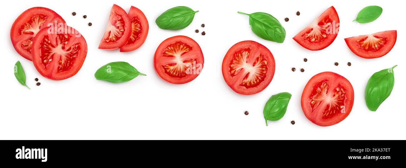 Tomato slices with basil and peppercorns isolated on white background ...
