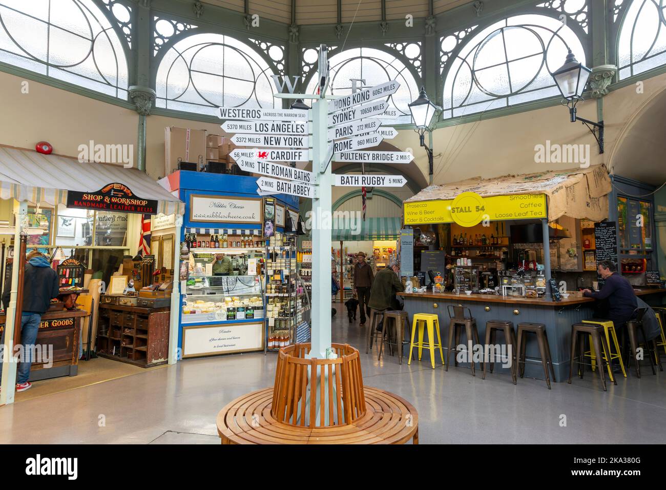 Mile marker to world destinations inside Guildhall market, Bath ...