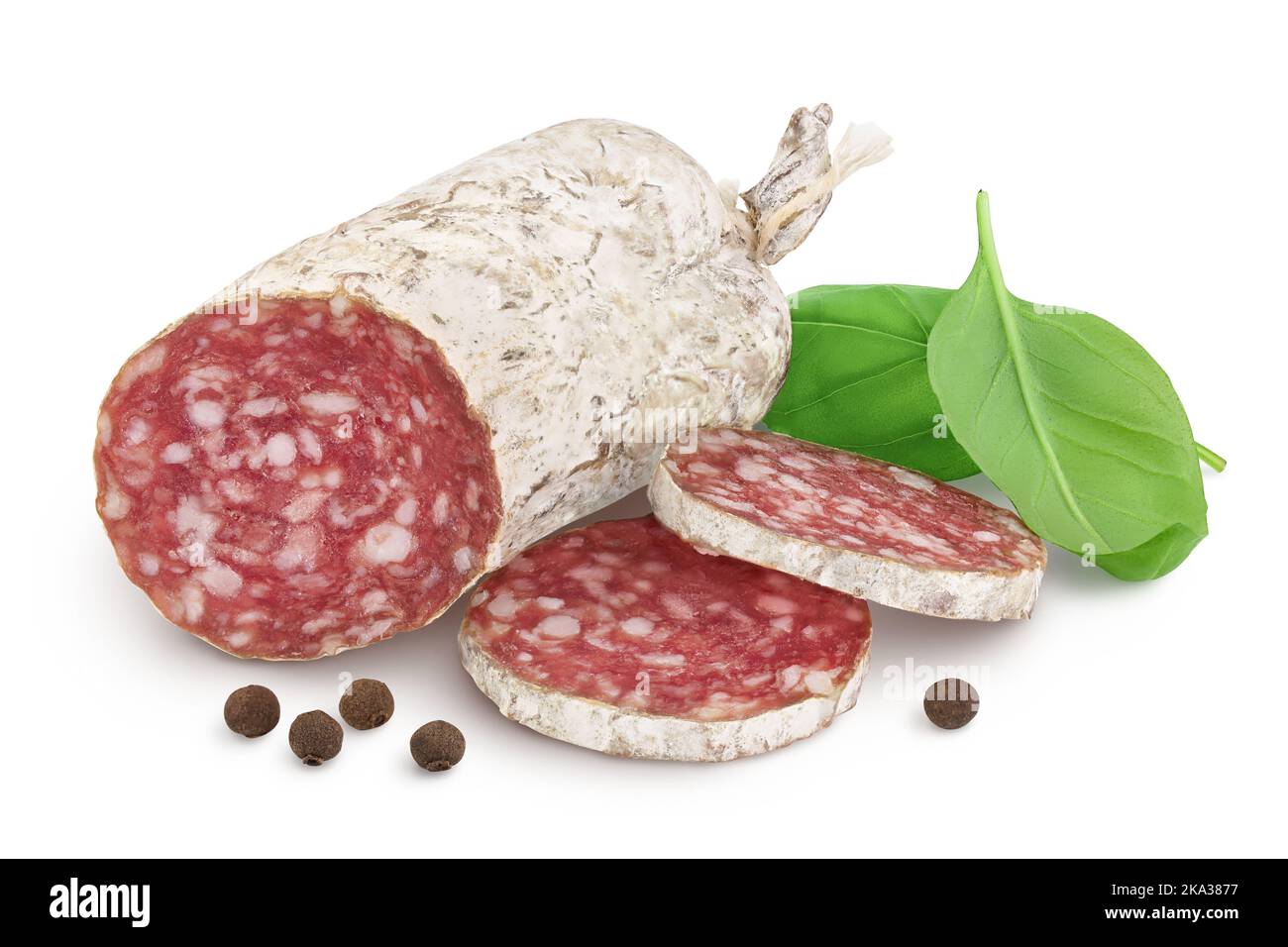Cured salami sausage isolated on white background. Italian cuisine with ...