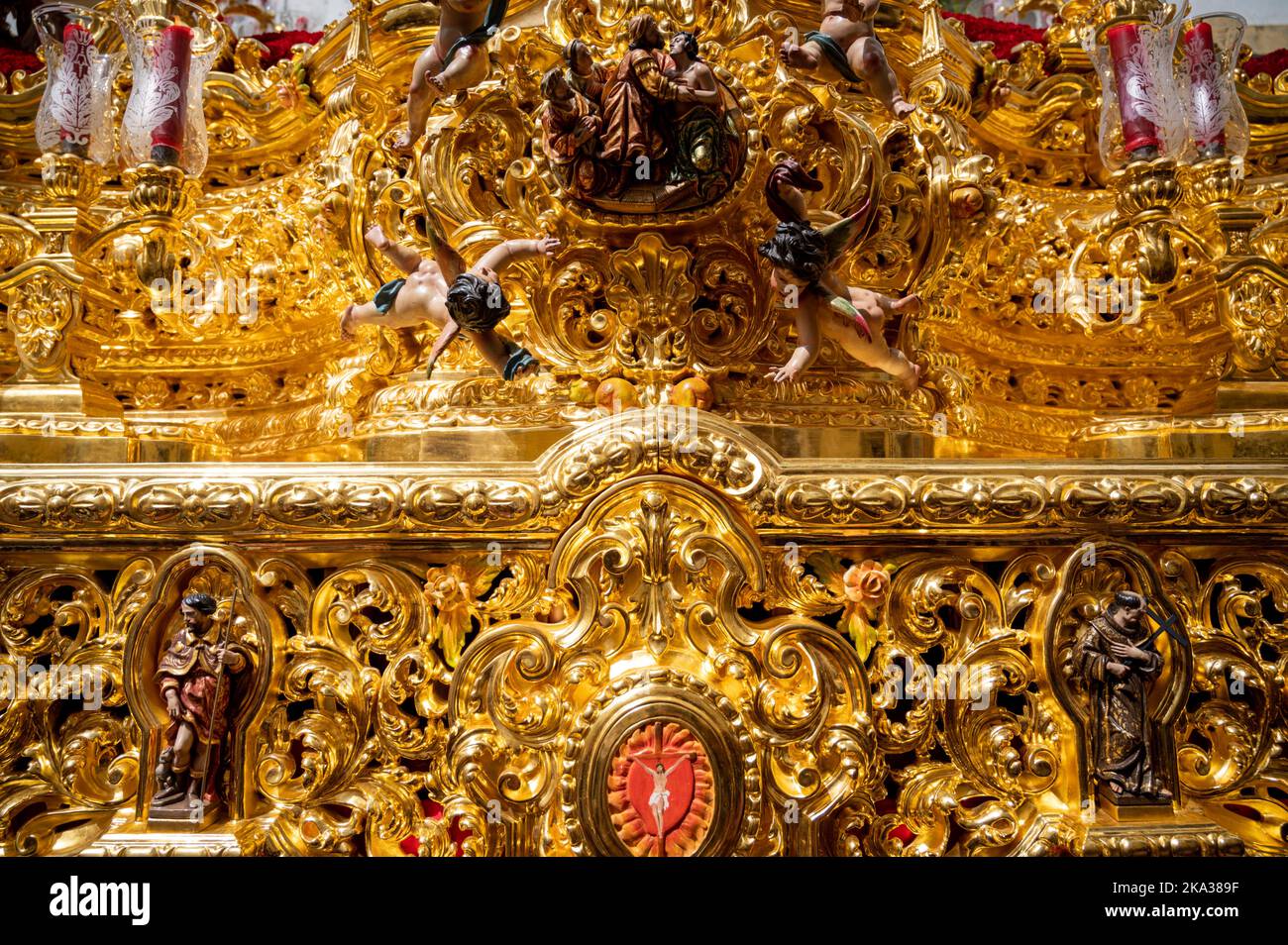 Detail of a gold throne in an Easter Parade during Holy week or semana ...