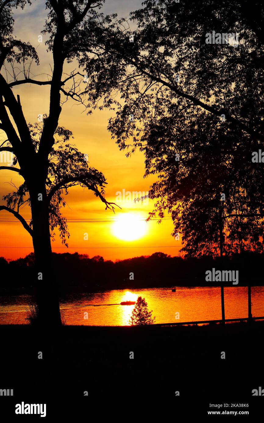 A vertical shot of a bright sunset over the lake and the silhouettes of ...
