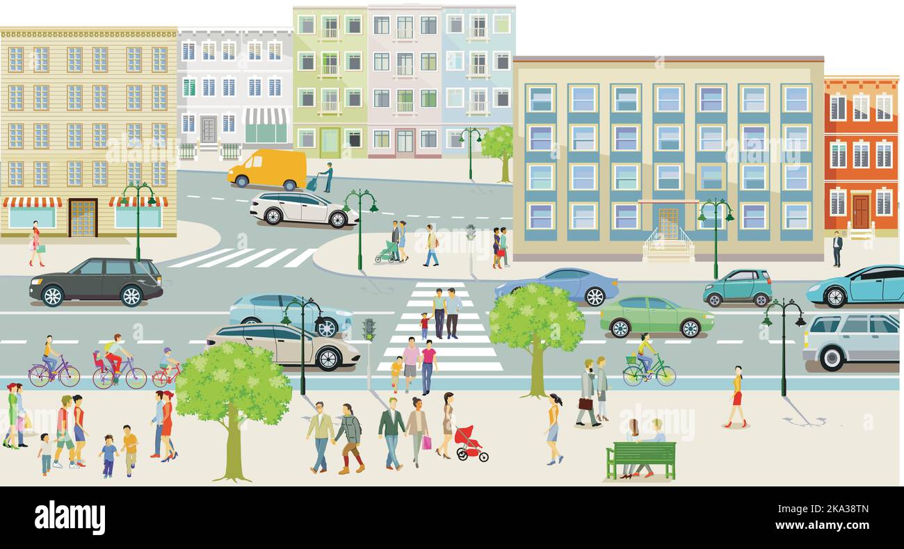 City silhouette with pedestrians in residential area and road traffic ...