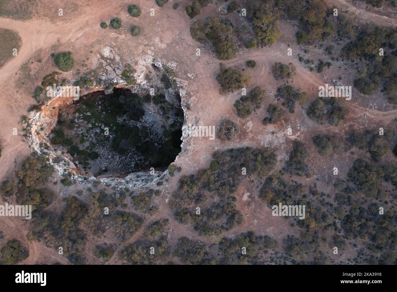 Aerial view of collapse doline across the Nullarbor Plain in Western ...