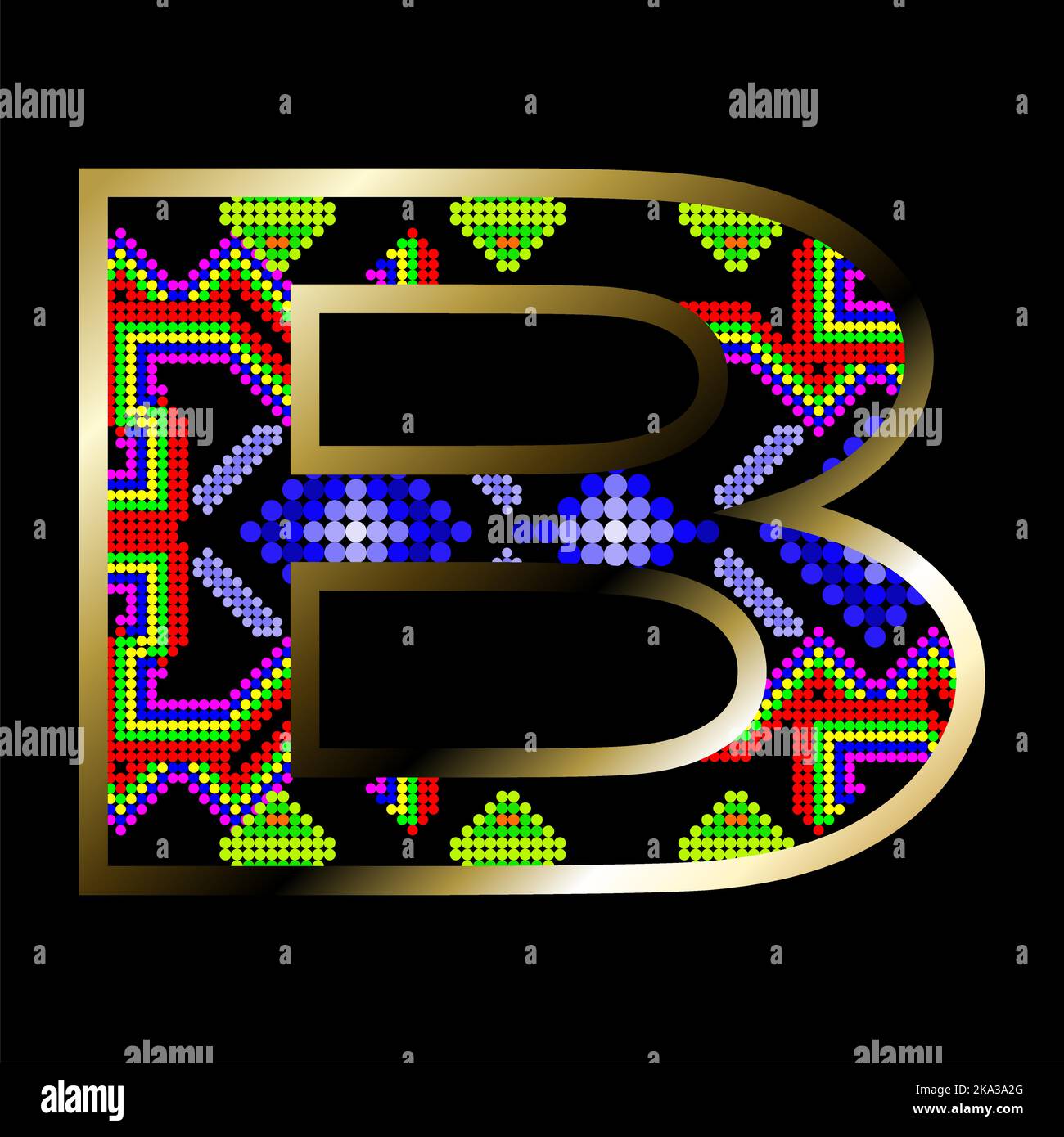 B golden alphabet letter mexican huichol art illustration colorful in ...
