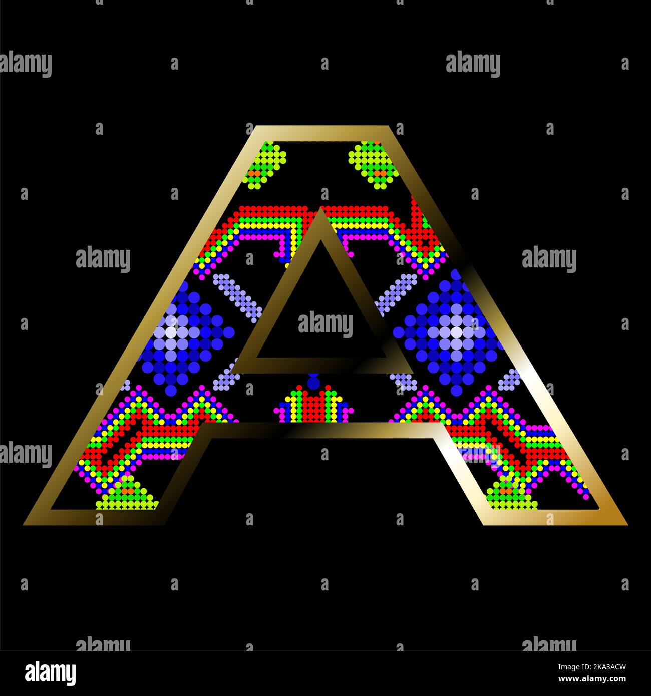 A golden alphabet letter mexican huichol art illustration colorful in ...