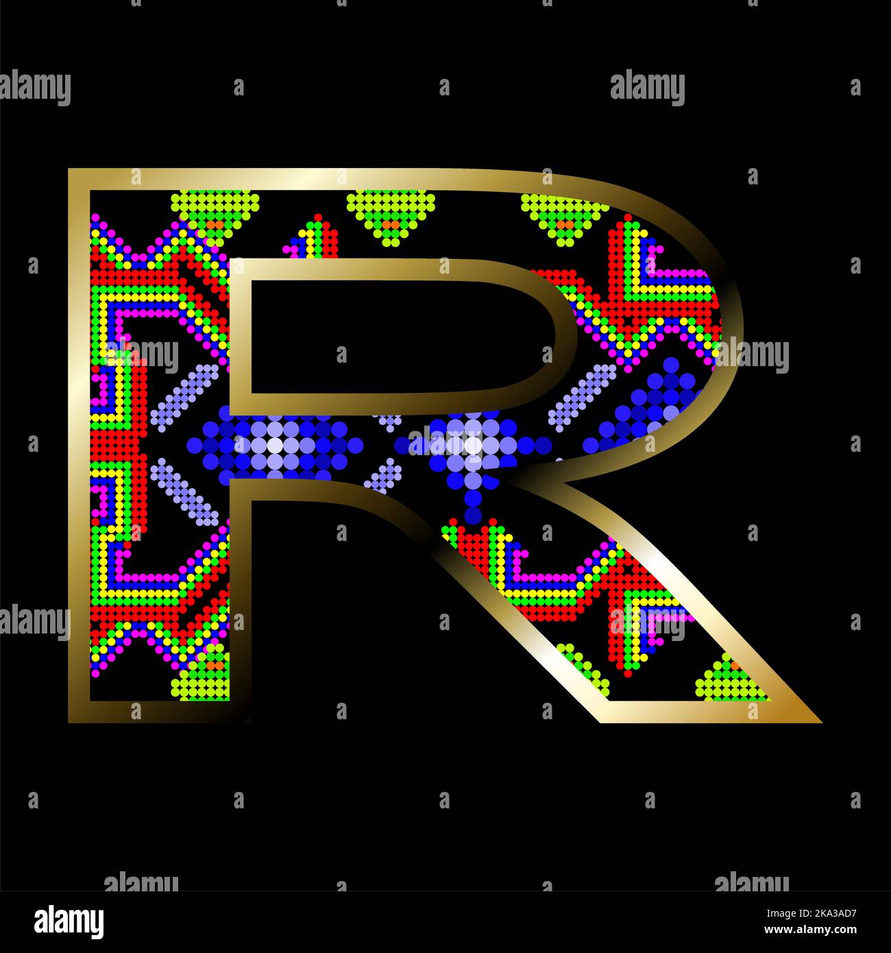 R golden alphabet letter mexican huichol art illustration colorful in ...