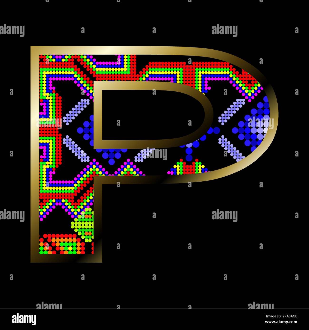 P golden alphabet letter mexican huichol art illustration colorful in ...