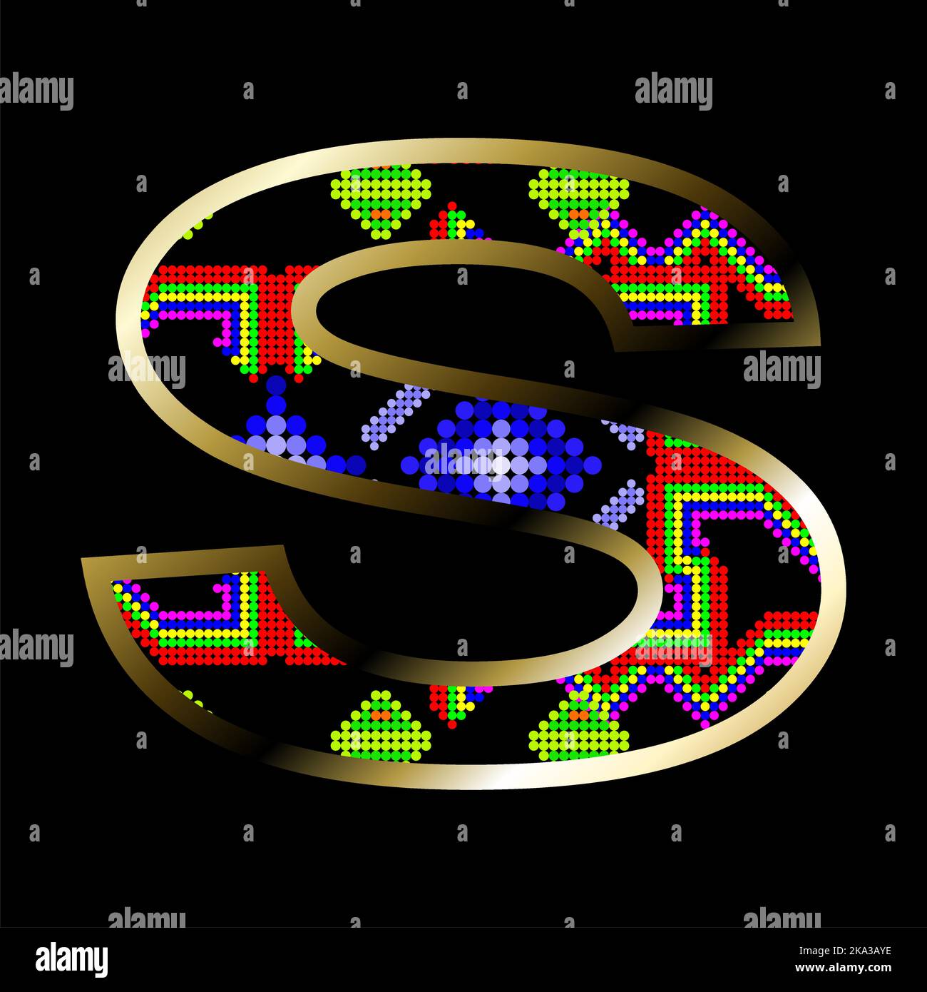 S golden alphabet letter mexican huichol art illustration colorful in ...