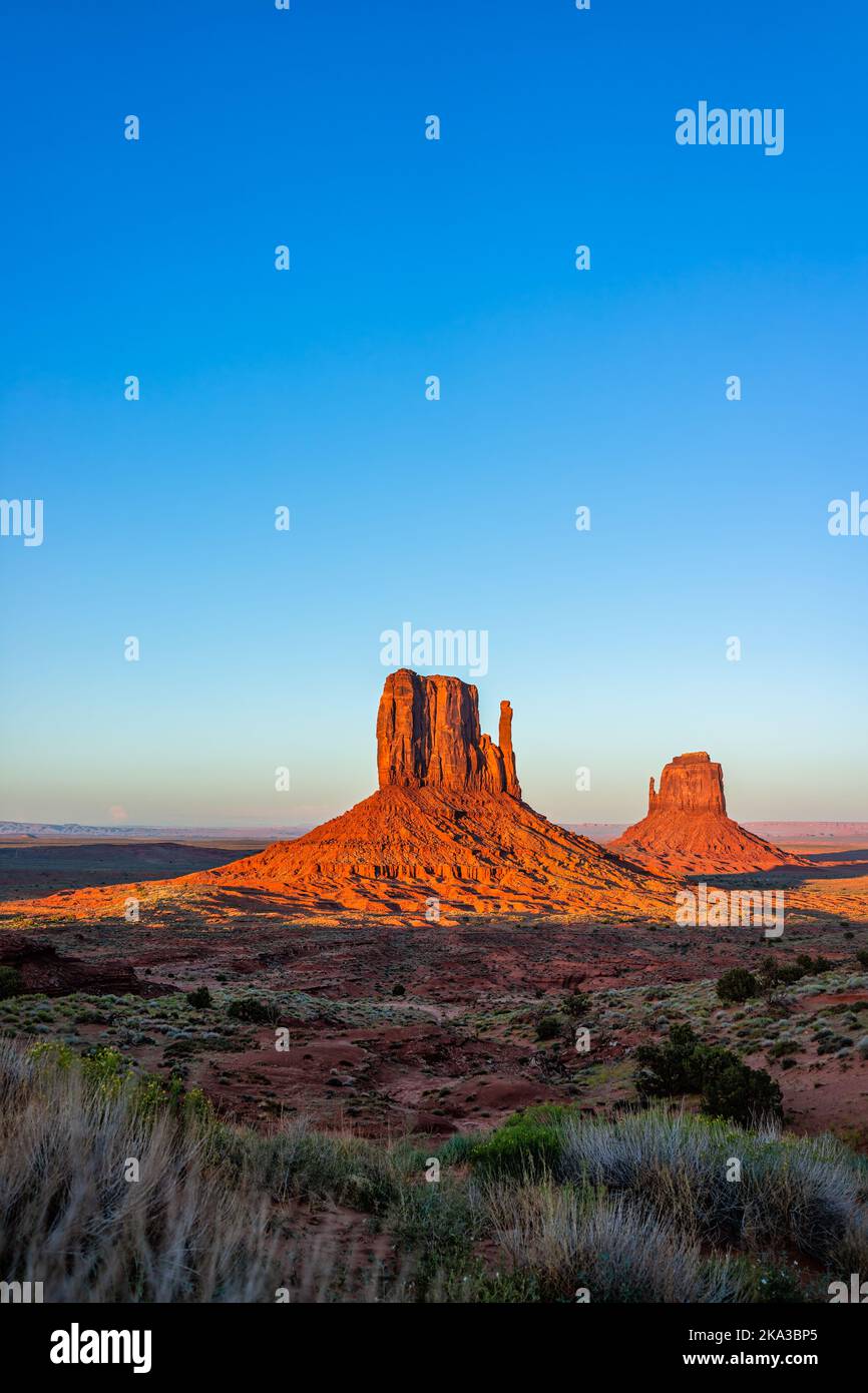 Monument Valley famous buttes vertical view at colorful red sunset in ...