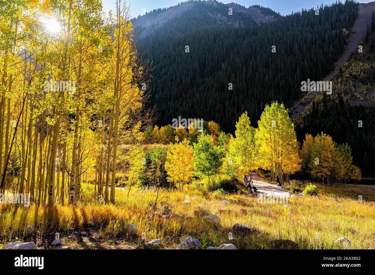 Maroon Bells Rocky Mountains at sunrise sunlight sunburst through trees ...