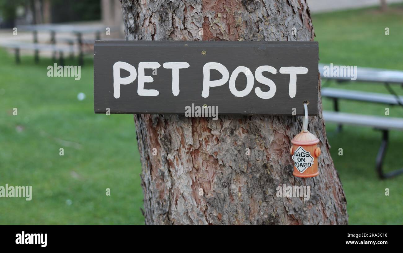 A pet post sign with little doggy hydrant baggy near Caddy Lake ...