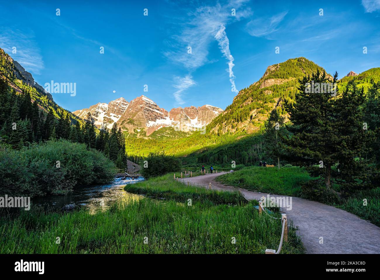 Maroon Bells lake and peak view in Aspen, Colorado with moon in blue ...