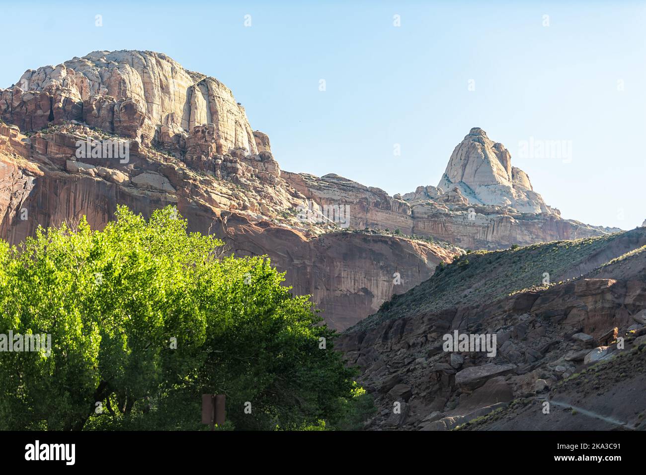 Peak of white rock formations landscape view from road trip in summer ...