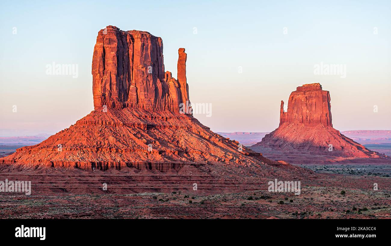 Two mittens butte mesa closeup view with colorful dark red orange rock ...