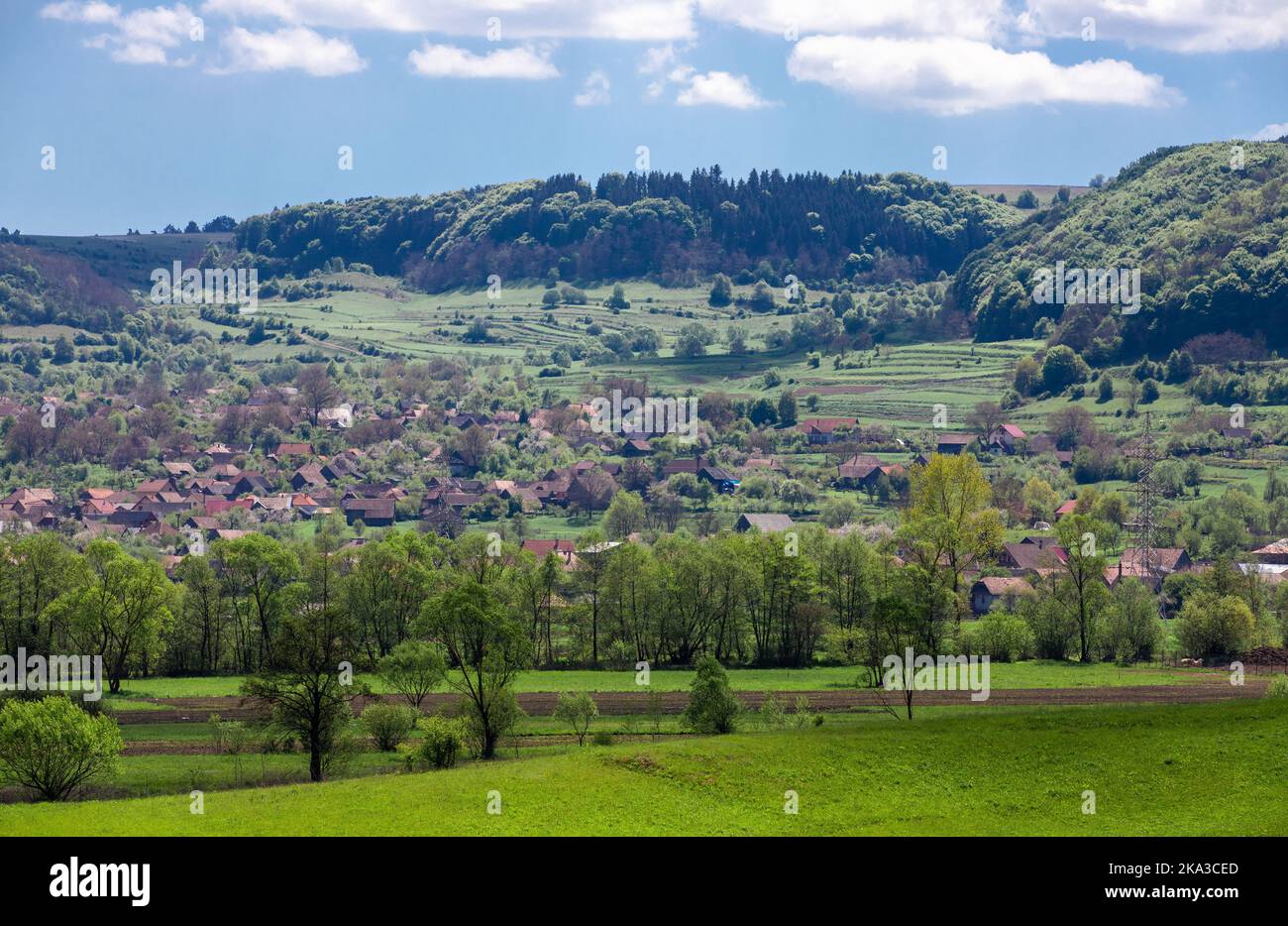 Landscape with a village in Romania, rural, spring Stock Photo - Alamy