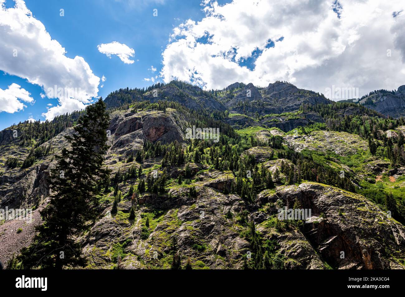 Looking up low angle view of rock canyon wall cliff near Ouray Colorado ...