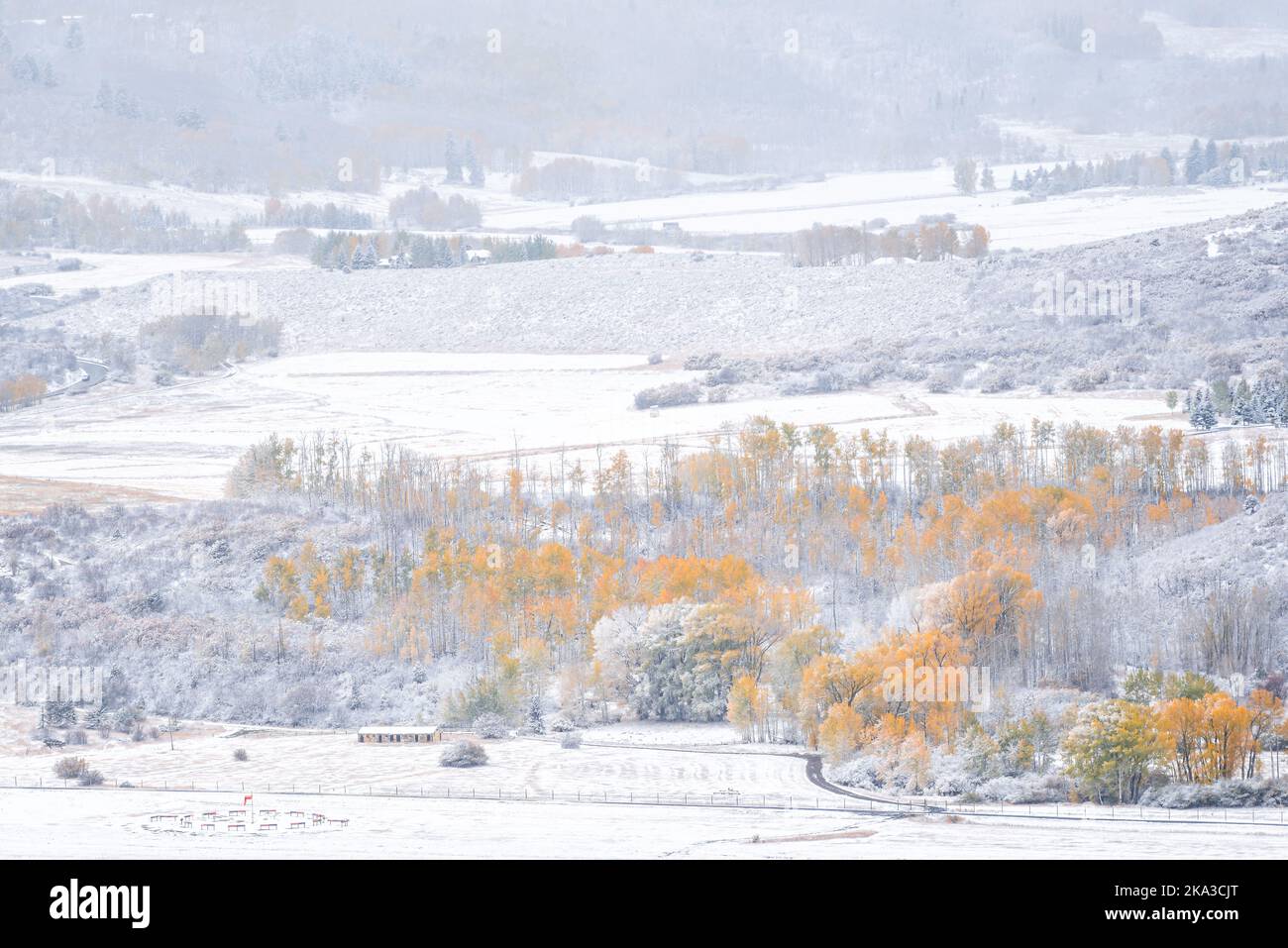 Aspen, Colorado town in Rocky Mountains roaring fork valley high angle ...