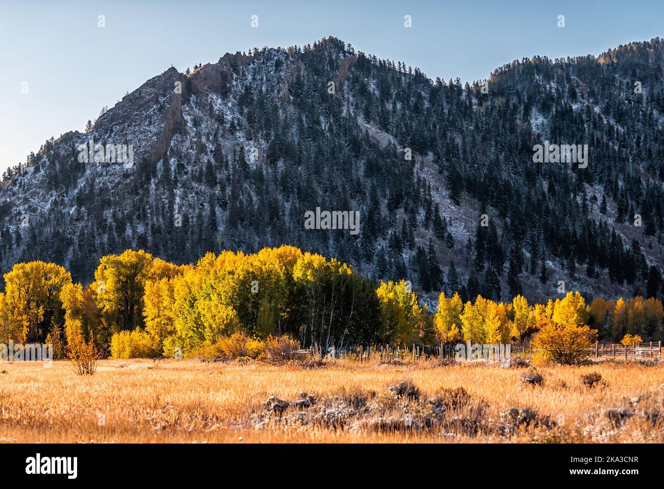 Small town of Aspen, Colorado with rural countryside farm road with ...