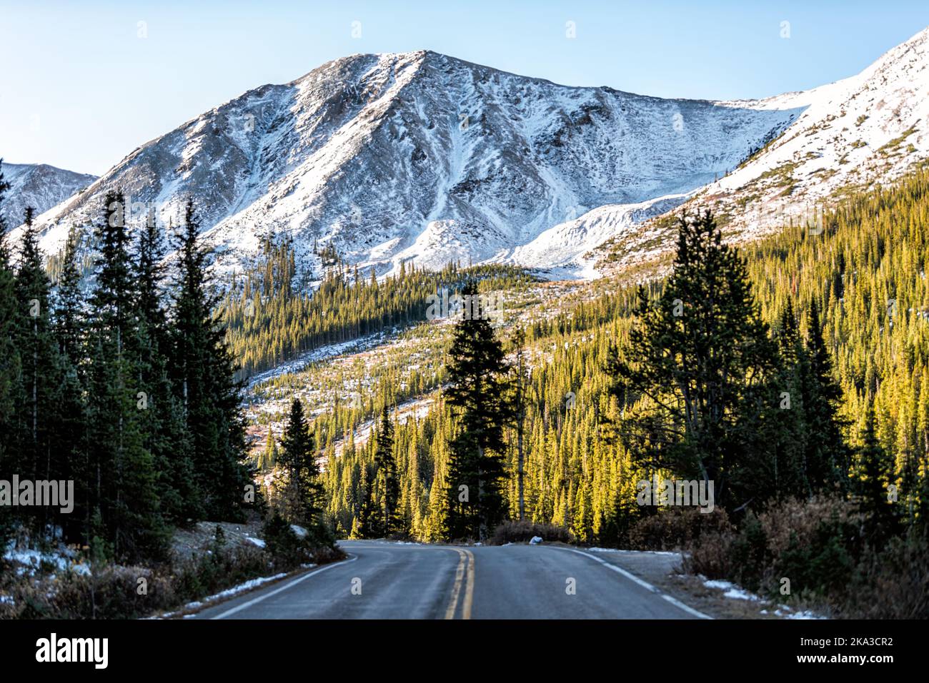 Independence Pass at winter snow Rocky mountain view by paved road ...