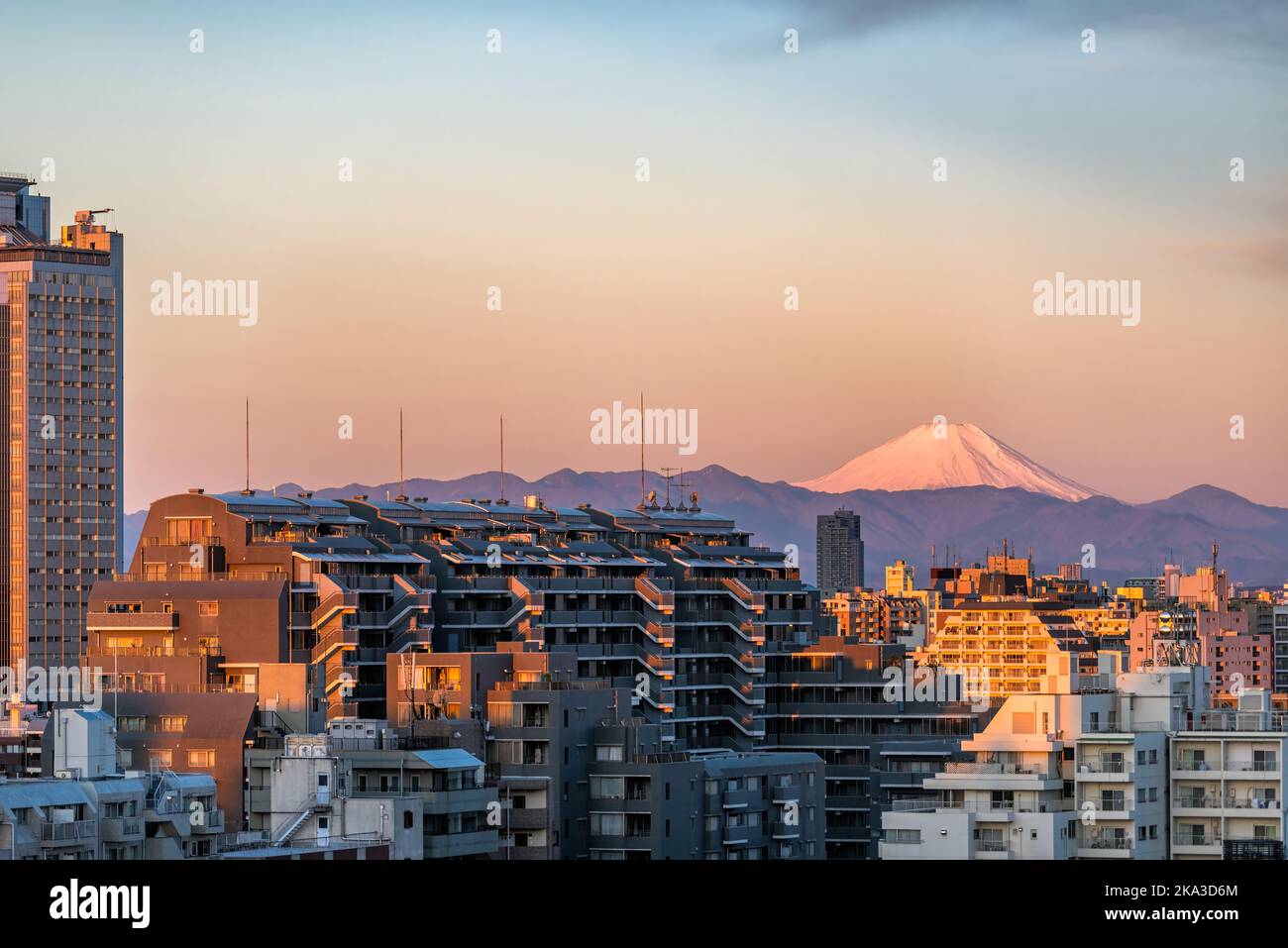 Tokyo, Japan at Shinjuku cityscape skyline at sunset with view of Mount ...