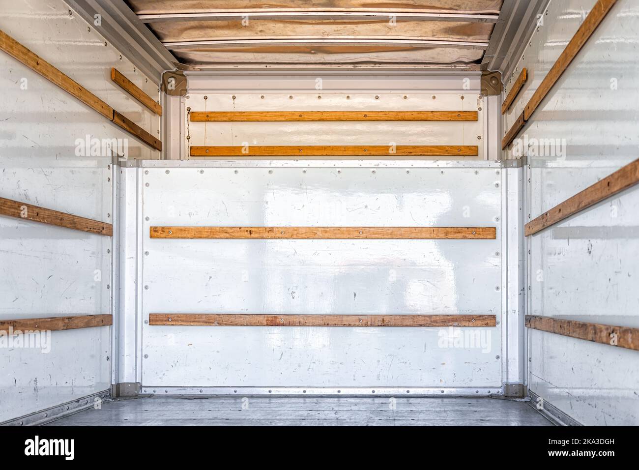 Empty interior indoors inside of industrial cargo truck trailer for ...