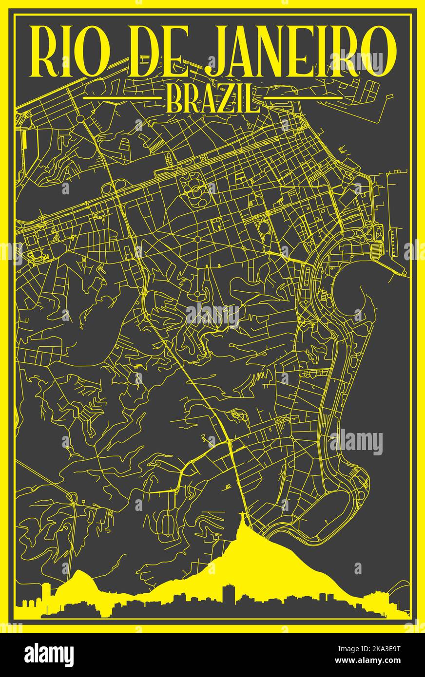 Hand-drawn downtown streets network printout map of RIO DE JANEIRO ...