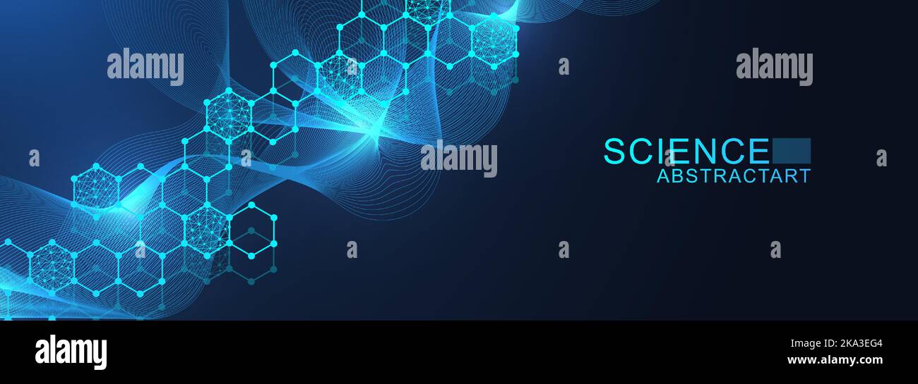 Modern scientific background with hexagons, lines and dots. Wave flow ...