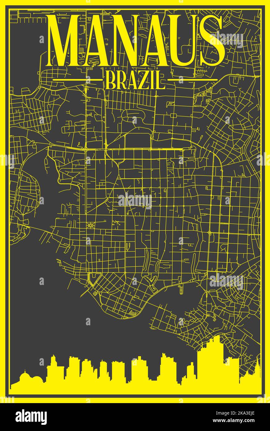Hand-drawn downtown streets network printout map of MANAUS, BRAZIL ...