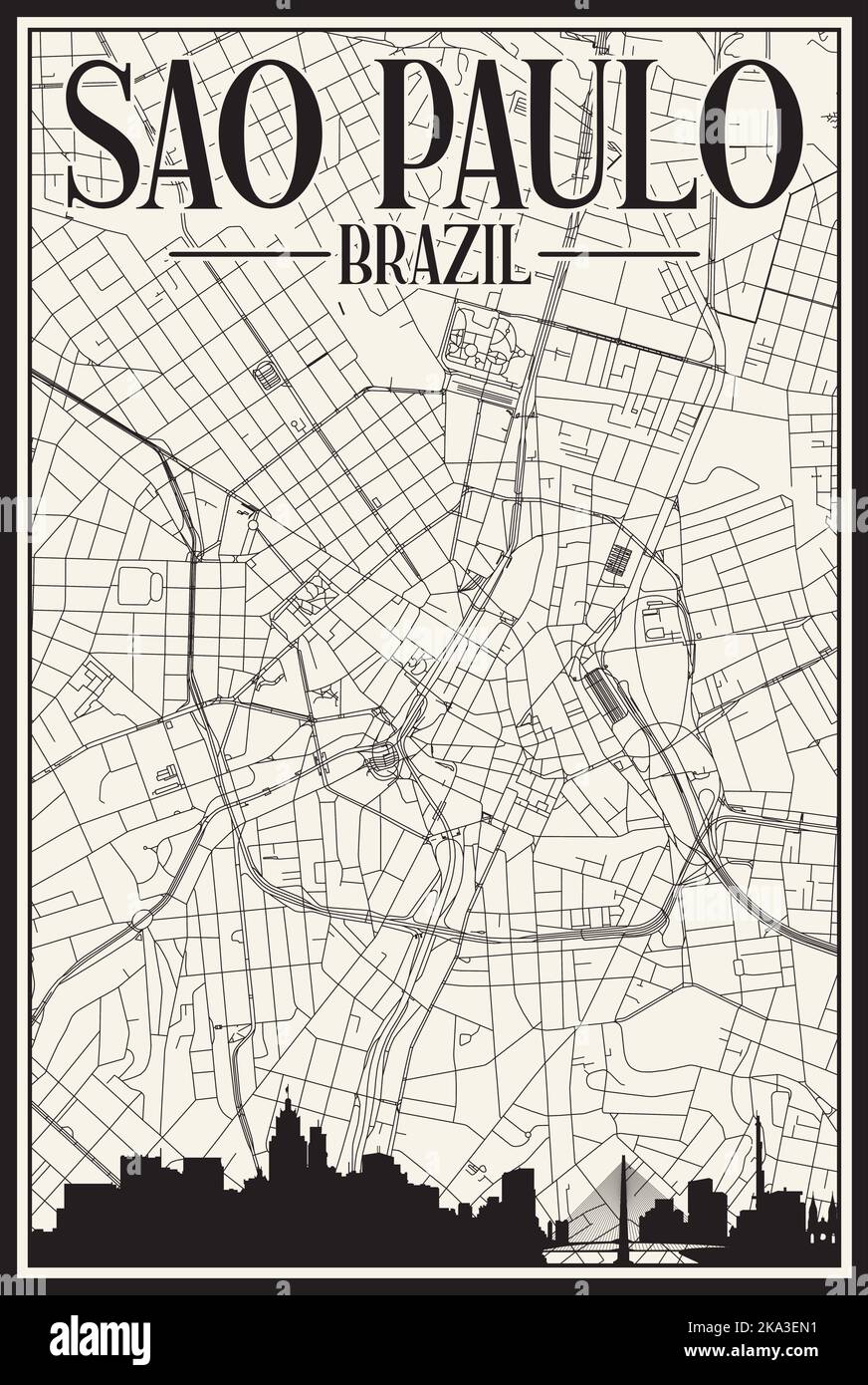 Hand-drawn downtown streets network printout map of SAO PAULO, BRAZIL ...