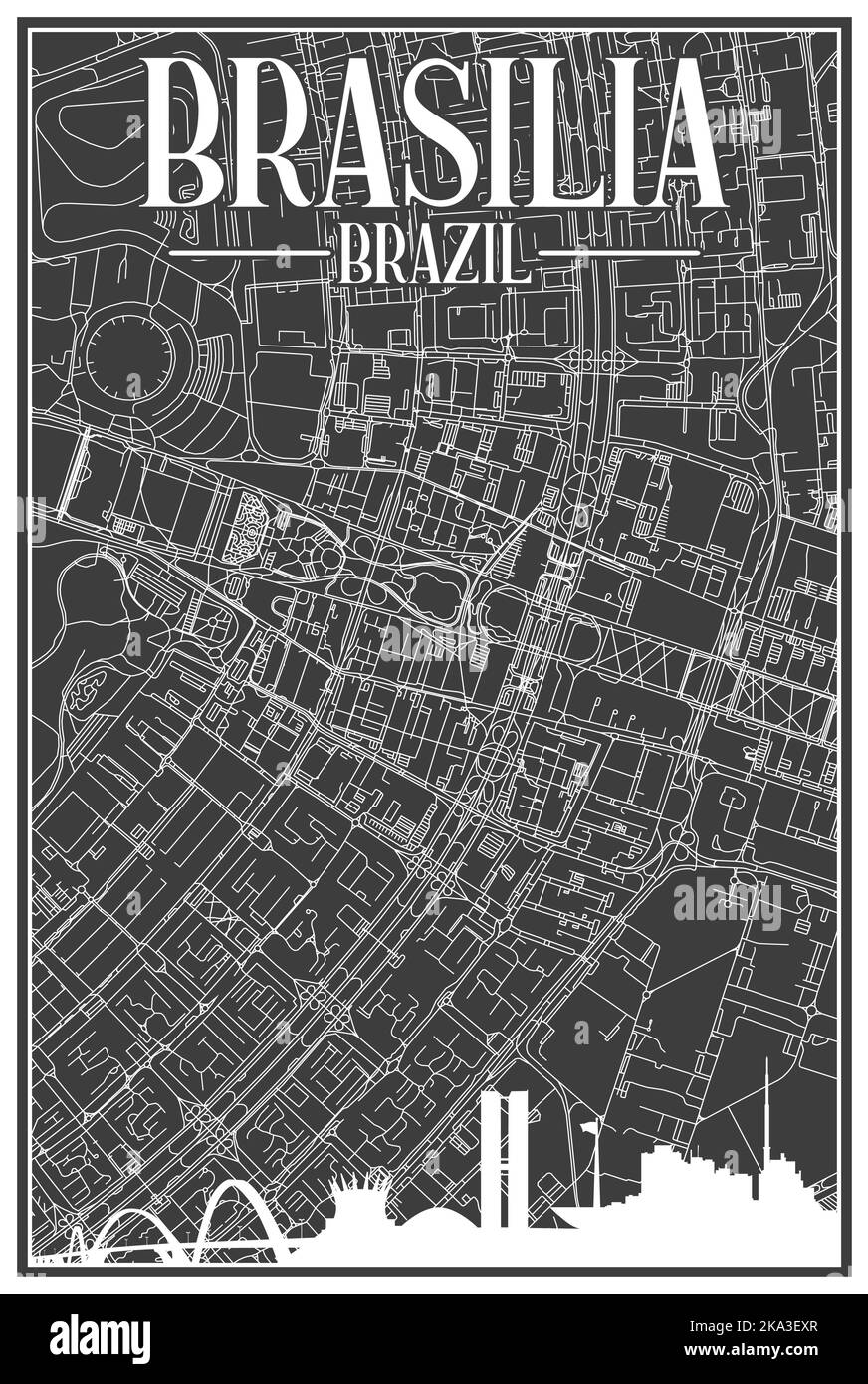 Hand-drawn downtown streets network printout map of BRASILIA, BRAZIL ...