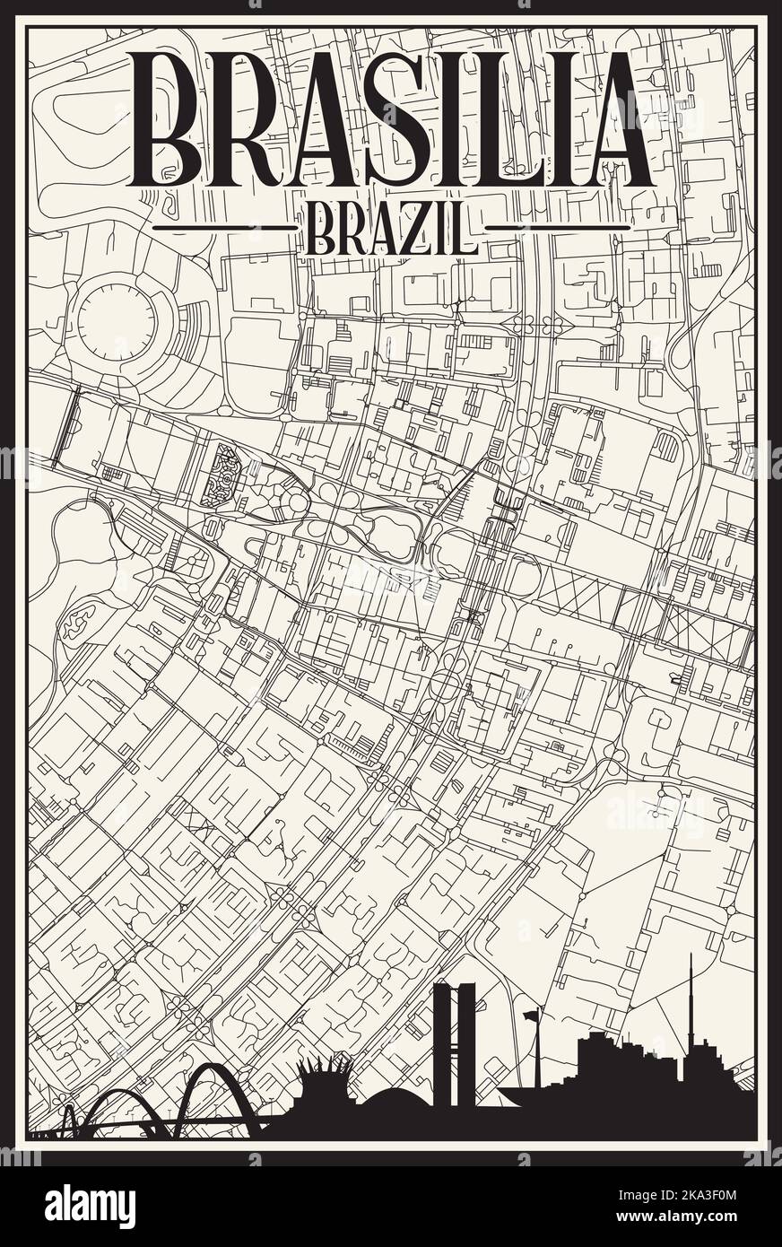 Hand-drawn downtown streets network printout map of BRASILIA, BRAZIL ...