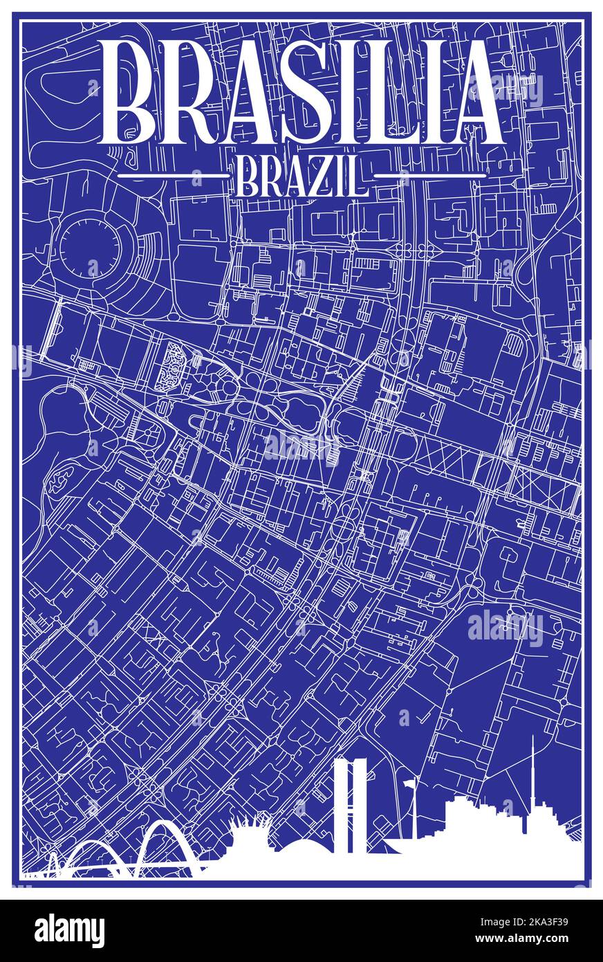 Hand-drawn downtown streets network printout map of BRASILIA, BRAZIL ...