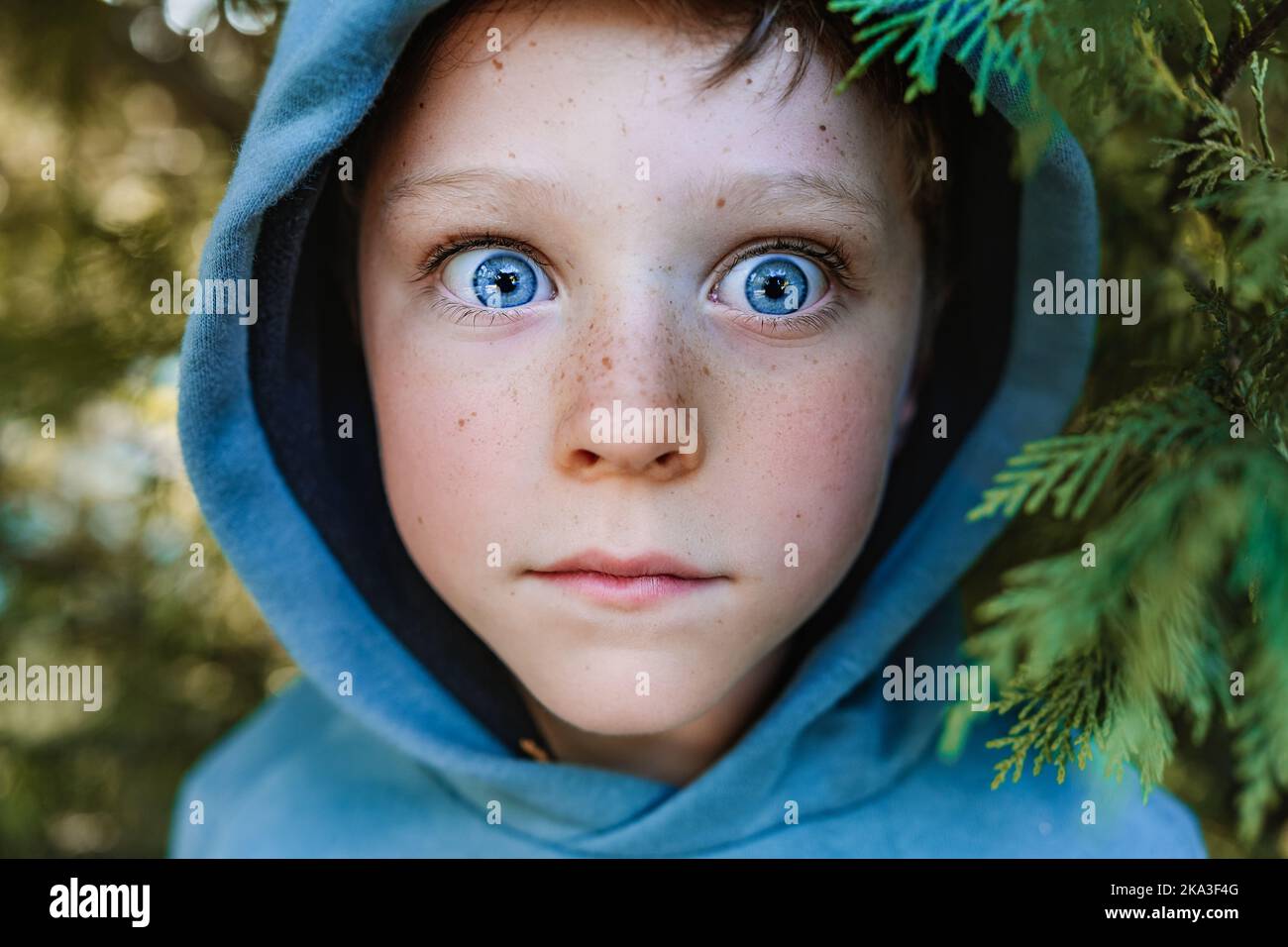 Blue eyed preteen kid with hood on head looking at camera in shock ...
