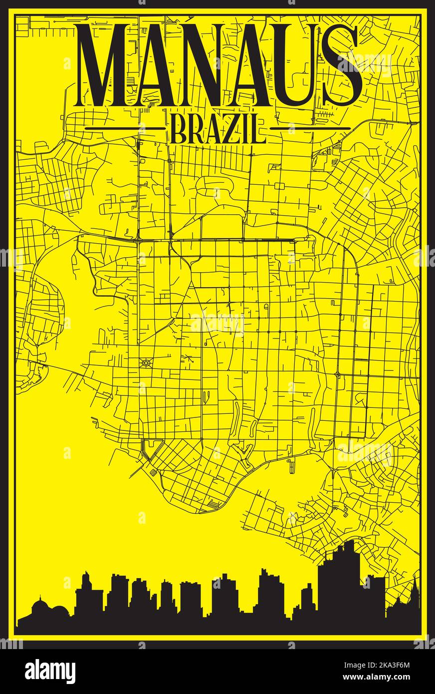 Hand-drawn downtown streets network printout map of MANAUS, BRAZIL ...