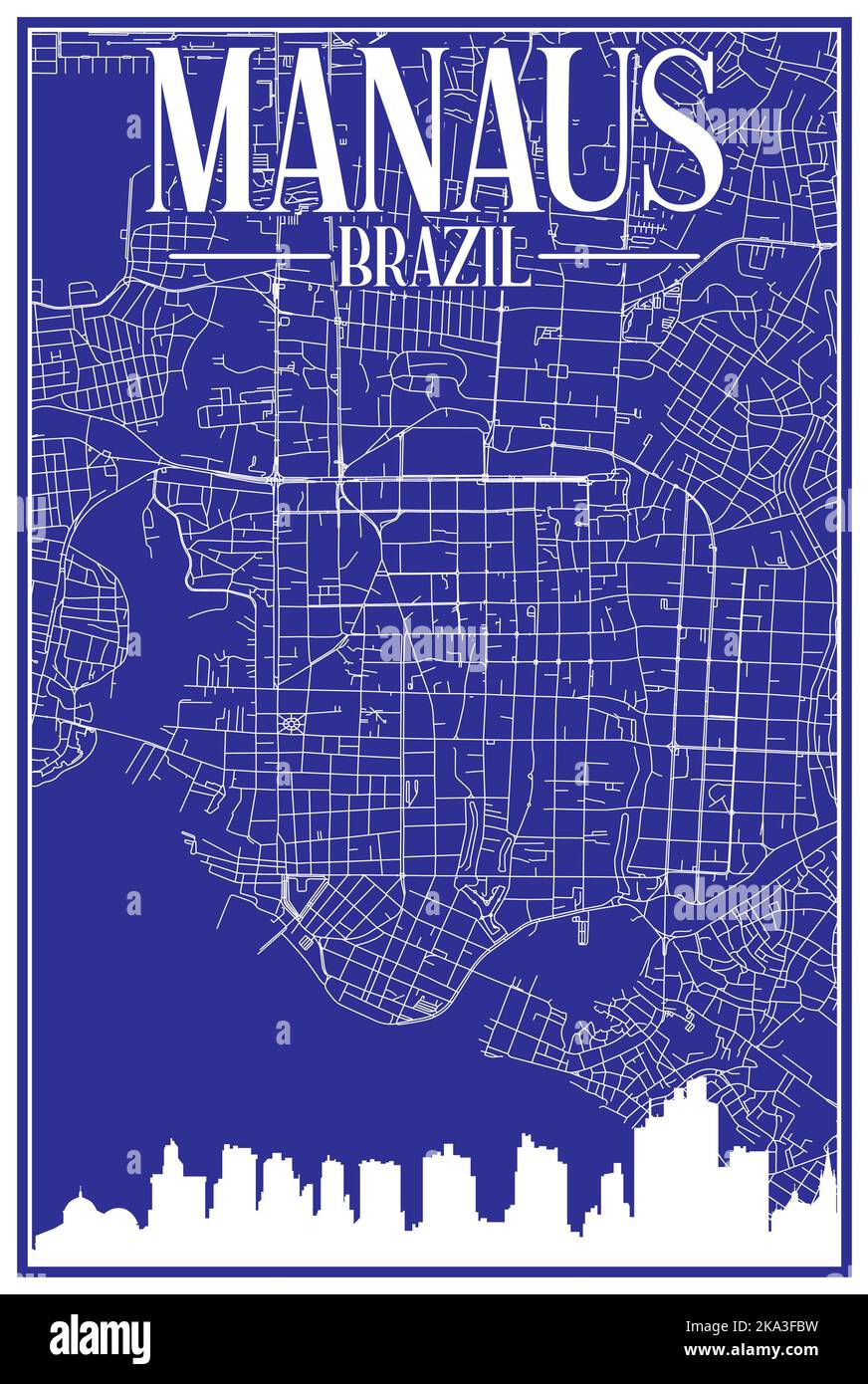 Hand-drawn downtown streets network printout map of MANAUS, BRAZIL ...