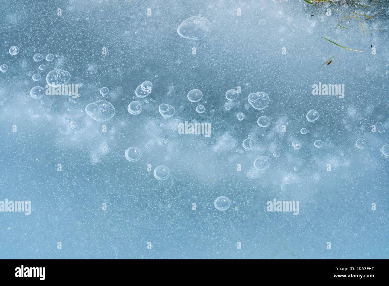 Abstract background of bubbles of air under layer of thin ice in clear ...