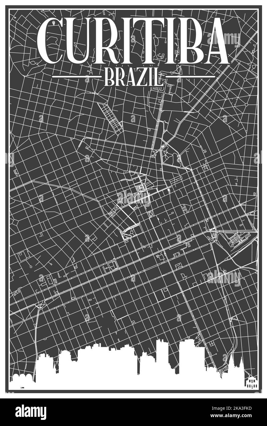 Hand-drawn downtown streets network printout map of CURITIBA, BRAZIL ...