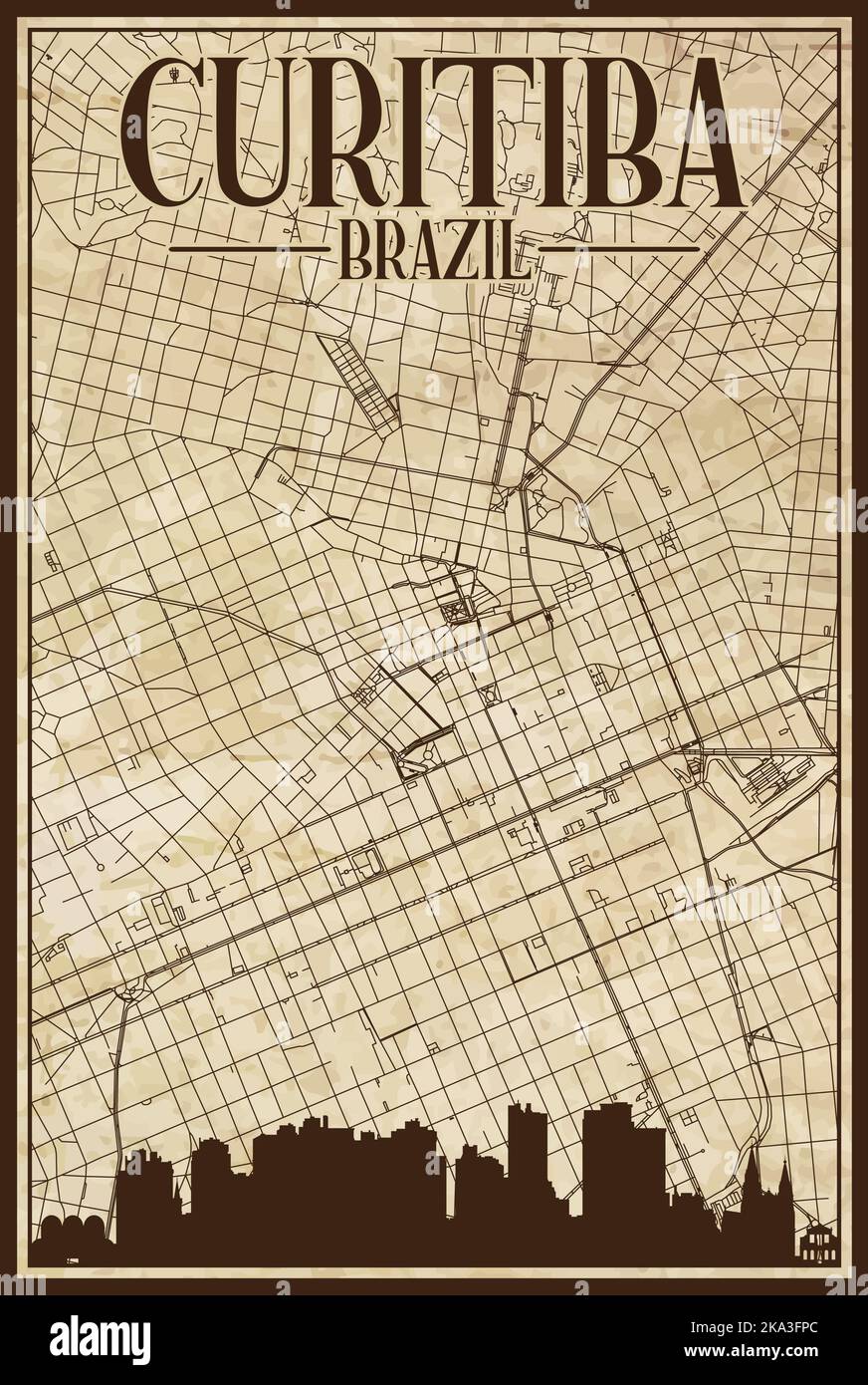 Hand-drawn downtown streets network printout map of CURITIBA, BRAZIL ...